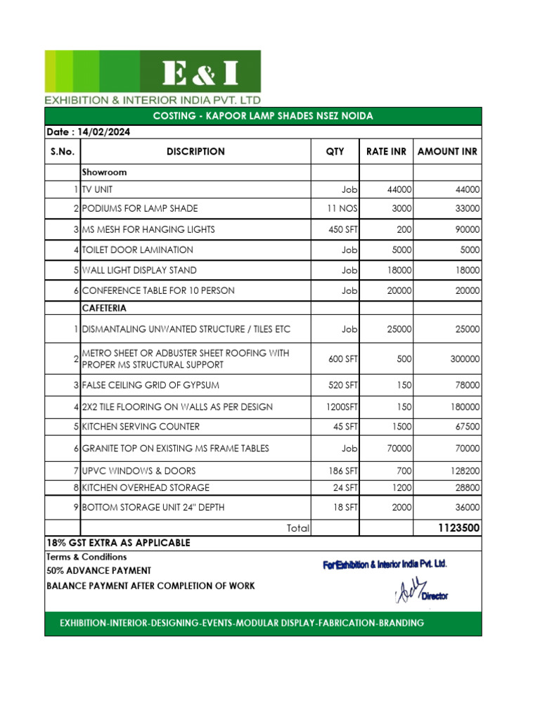 S.No. Discription QTY Rate Inr Amount Inr Date: 14/02/2024: Costing ...