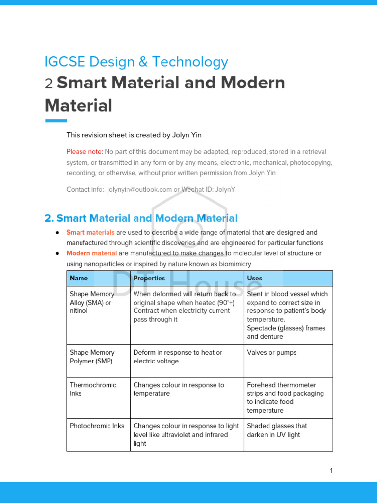 IGCSE Design & Tech Revision | PDF | Shape Memory Alloy | Materials Science