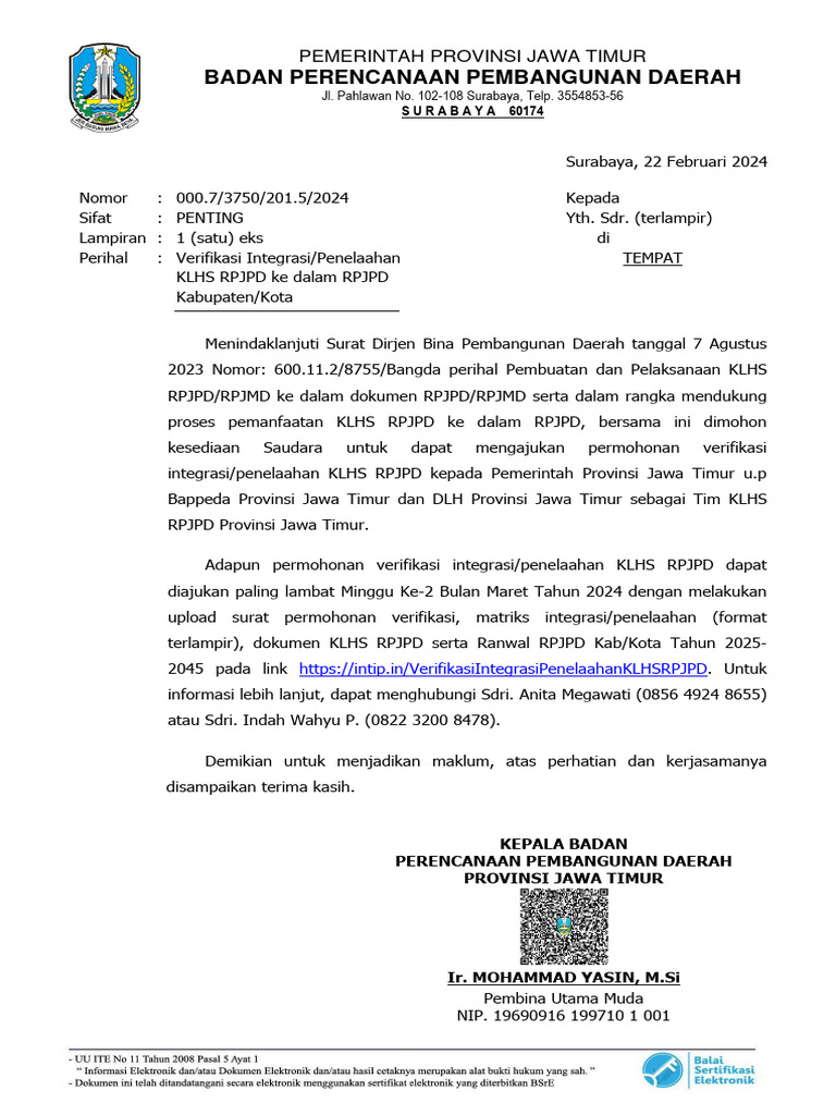 02 - Surat Integrasi Penelaahan KLHS RPJPD Ke Dalam Ranwal RPJPD Tahun 2025-2045 Untuk Kab Kota ...