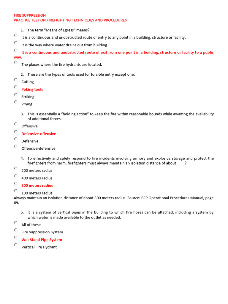 FIRE SUPPRESSION - PRACTICE TEST ON FIREFIGHTING TECNIQUES AND ...