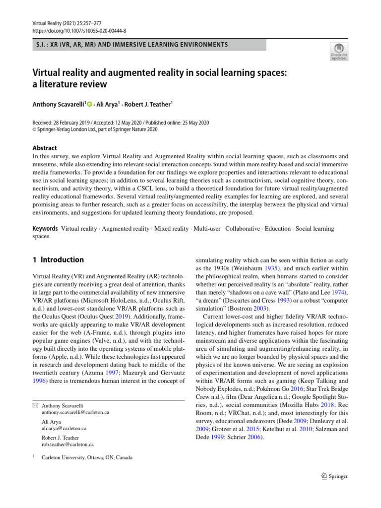 2020 Scavelli_VR Lit Review | PDF | Augmented Reality | Virtual Reality