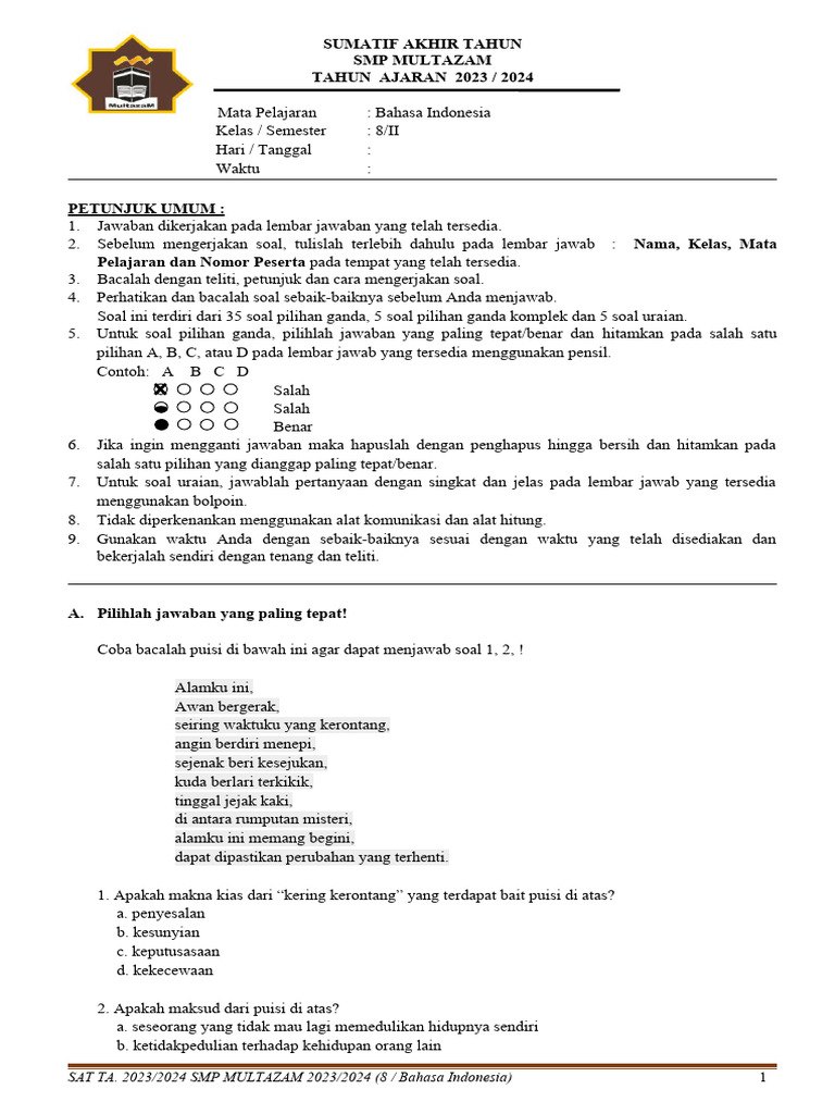 Soal B. Indonesia Sat SMP 23-24 Kls 8 | PDF | Puisi