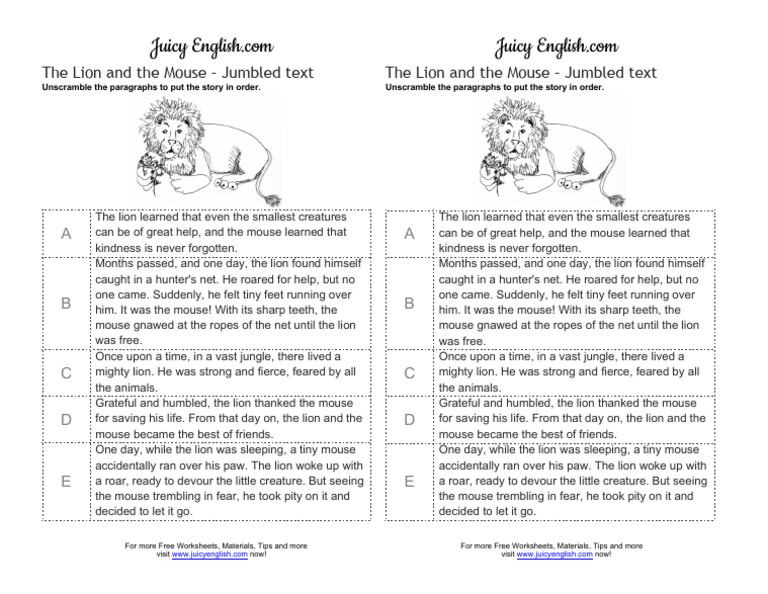 01 4 The Lion and The Mouse - Jumbled Text | PDF | General Fiction