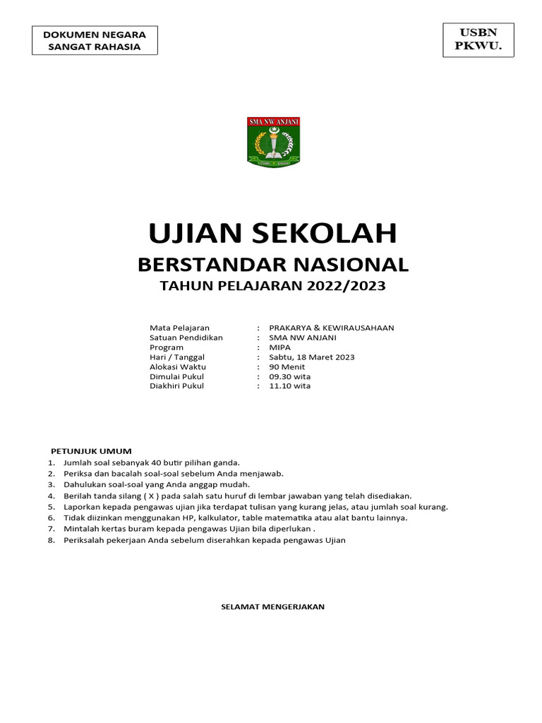 Ujian PKWU SMA NW Anjani 2023 | PDF | Karier & Perkembangan | Seni