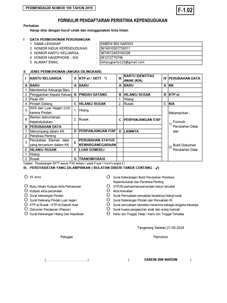 Formulir Pendaftaran Peristiwa Kependudukan: O O O O O O O O O O | PDF