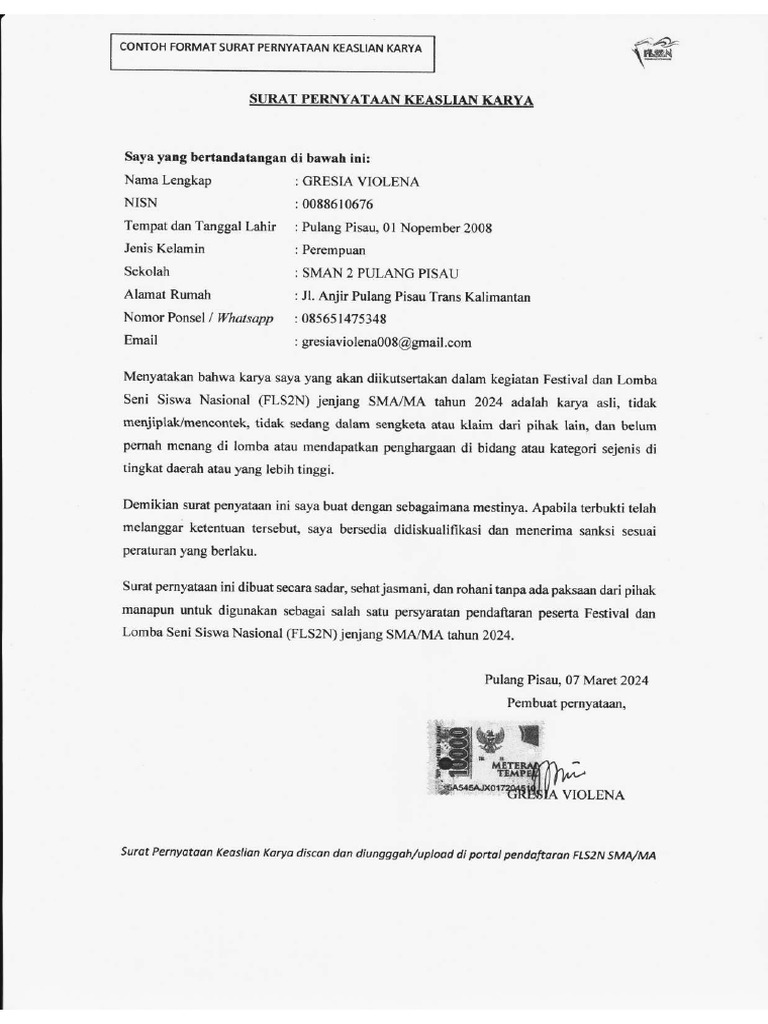 surat pernyataan karya fl2sn | PDF