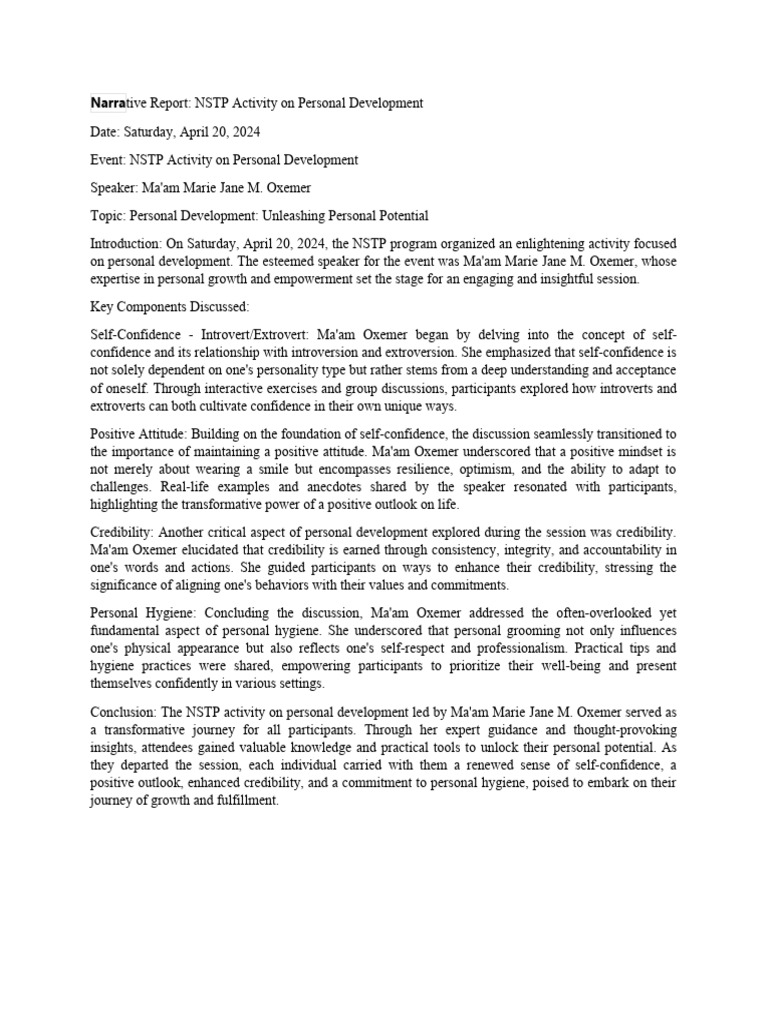 Narrative Report | PDF | Self Esteem | Extraversion And Introversion