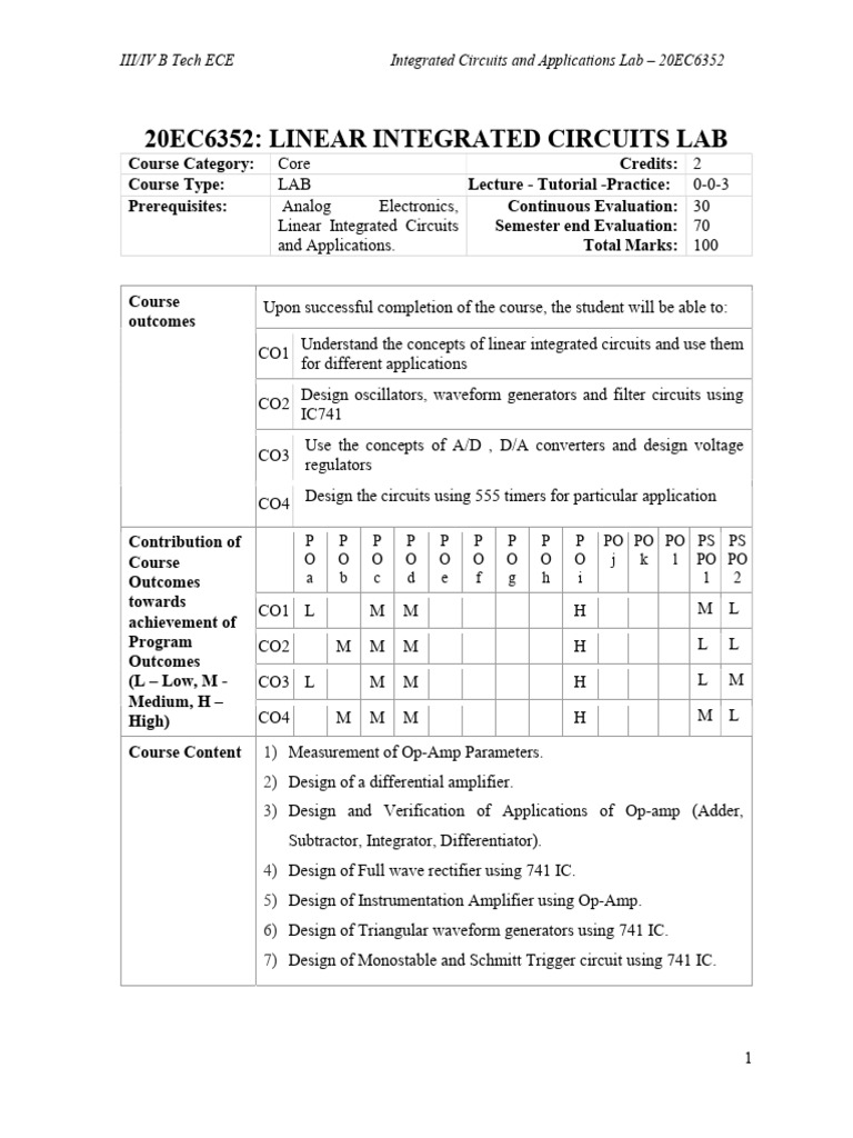 20EC6352 - LICA Lab Manual | PDF | Operational Amplifier | Amplifier