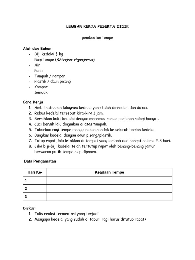 LKPD Pembuatan Tempe | PDF