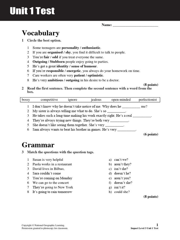Impact Level 3 Unit 1 Test 0 | PDF | Adolescence | Behavioural Sciences