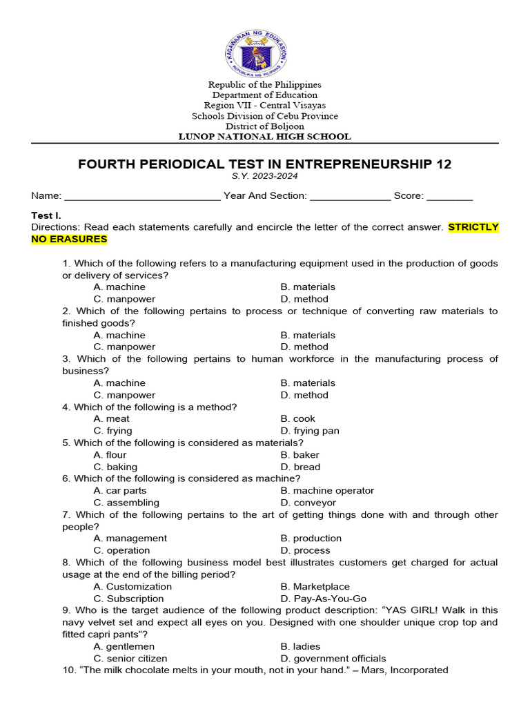 Fourth Periodical Test in Entrepreneurship 12 | PDF | Forecasting ...