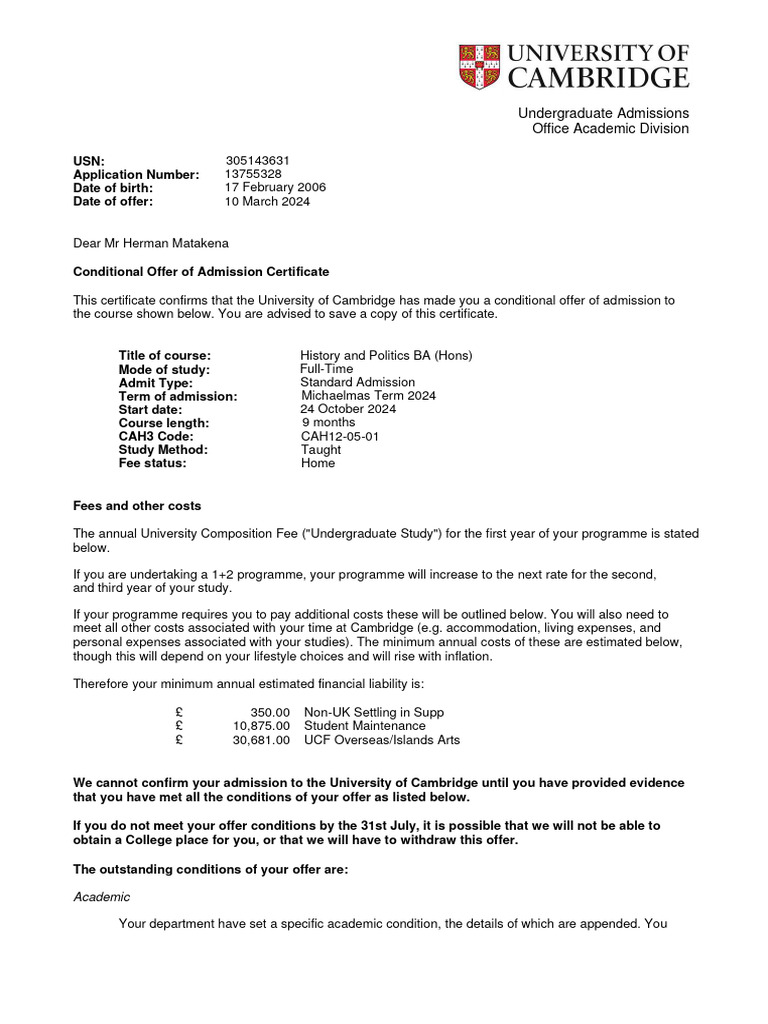 Cambridge Conditional Admission Offer | PDF | Travel Visa | Passport