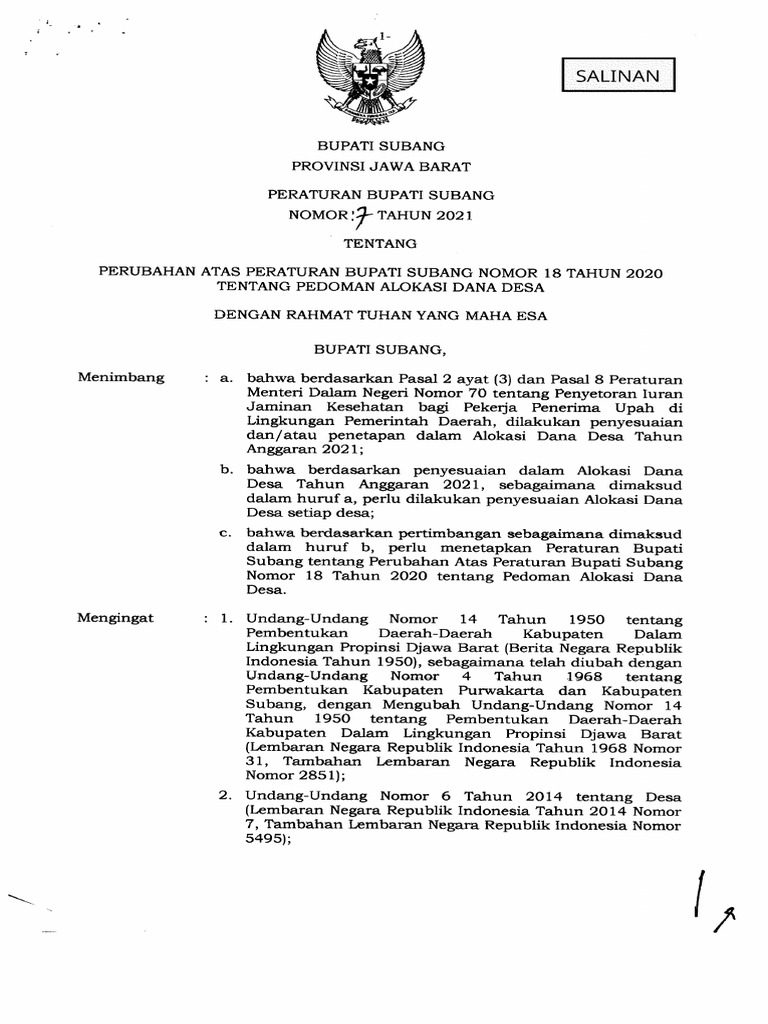 Perbup Subang Nomor 7 Tahun 2021 Perubahan Atas Peraturan Bupati Nomor 18 Tahun 2020 Tentang ...