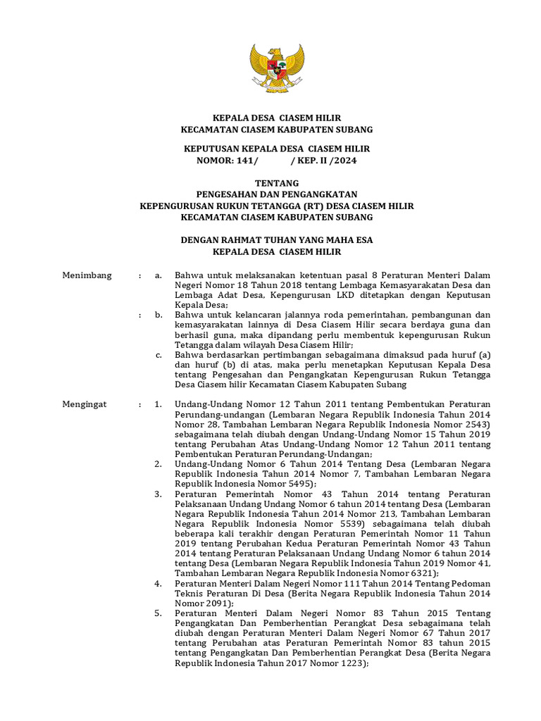 SK Kepala Desa Ciasem Hilir Tentang Pengangkatan Ketua RT 002 RW 001 | PDF