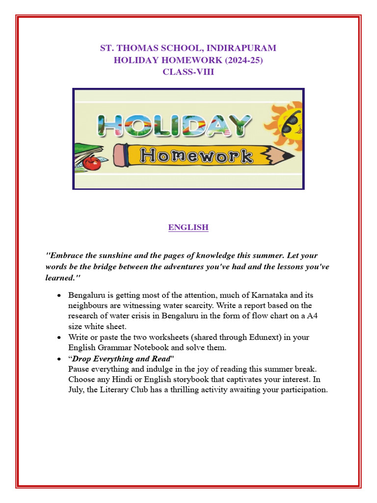 Grade 8 Holiday Homework 2024-25 | PDF | Wash | Water