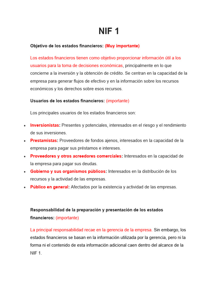 NIF 1 Resumen | PDF | Contabilidad | Estado financiero