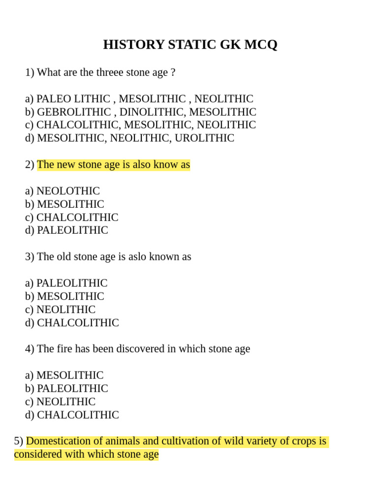 Stone Age History MCQs and Answers | PDF | Vedas | Stone Age