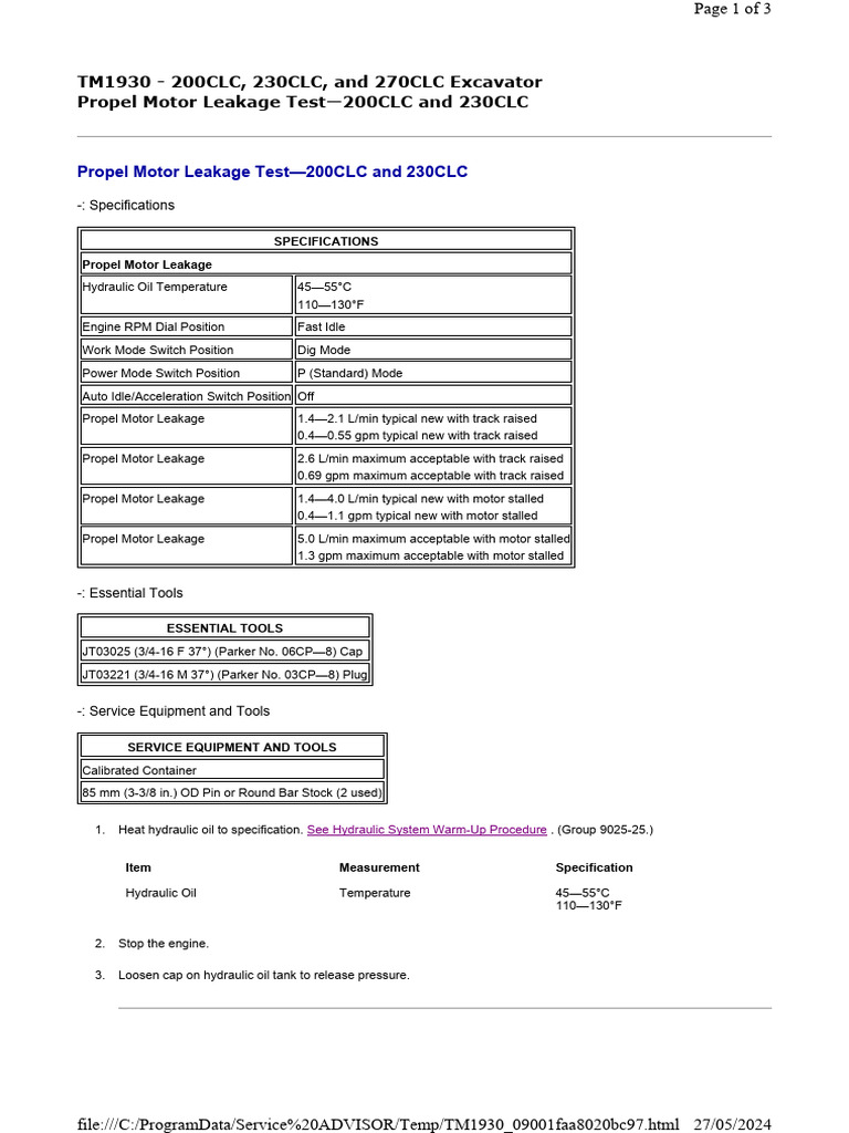 Excavator Propel Motor Leakage Test | PDF | Engines | Switch
