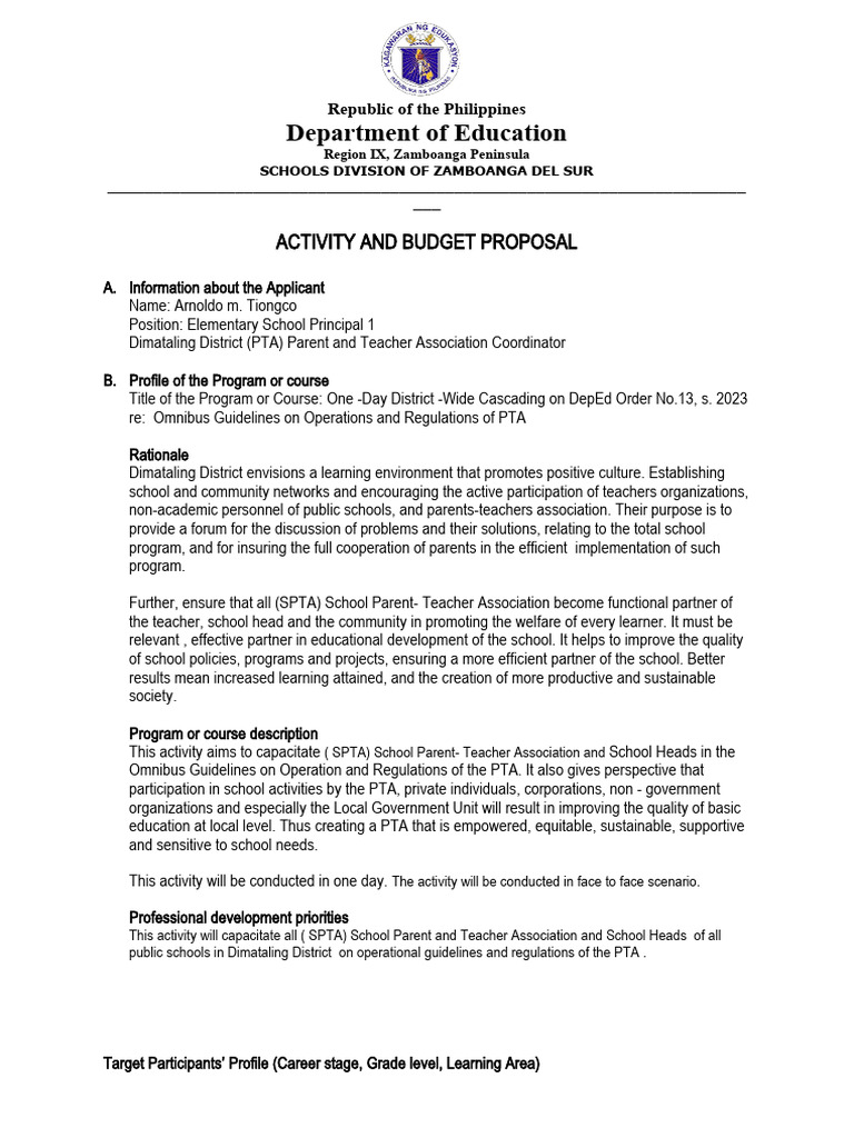 PTA Guidelines Training Proposal | PDF | Social Science