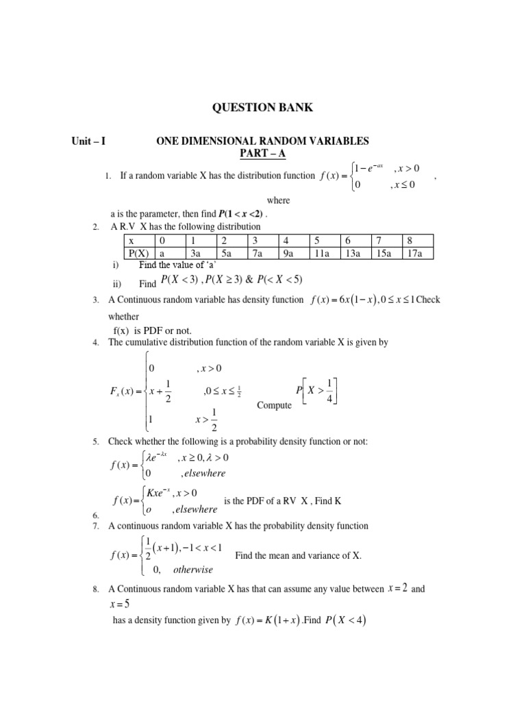 Aps Question Bank-Unit 1&2 | PDF | Probability Density Function ...