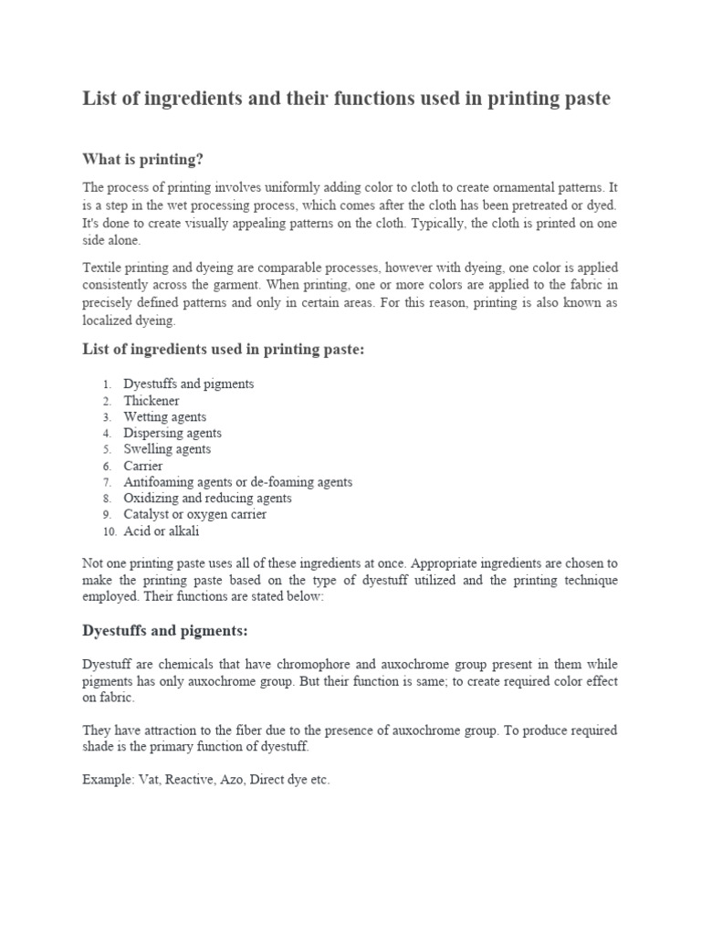 List of Ingredients and Their Functions Used in Printing Paste | PDF | Dye | Textiles