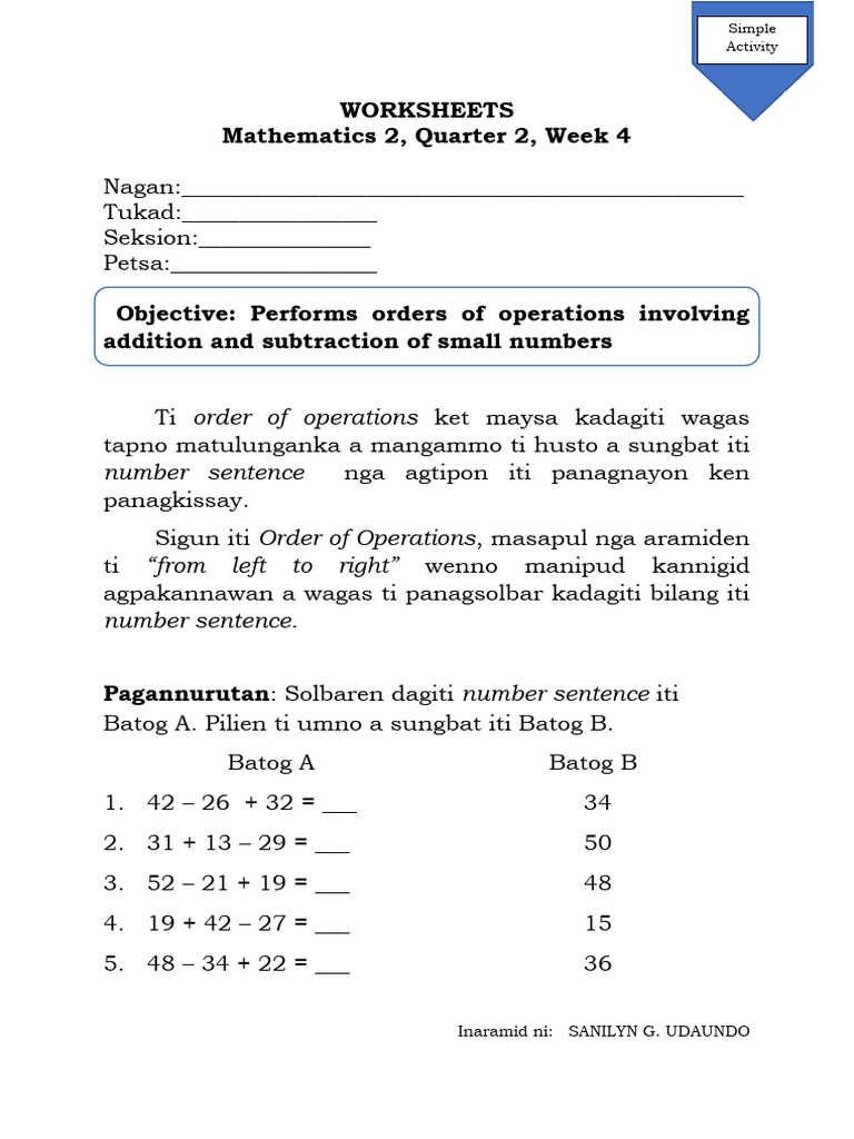 Worksheet - Math2 - q2 - Week 4 - Sanilyn Udaundo | PDF
