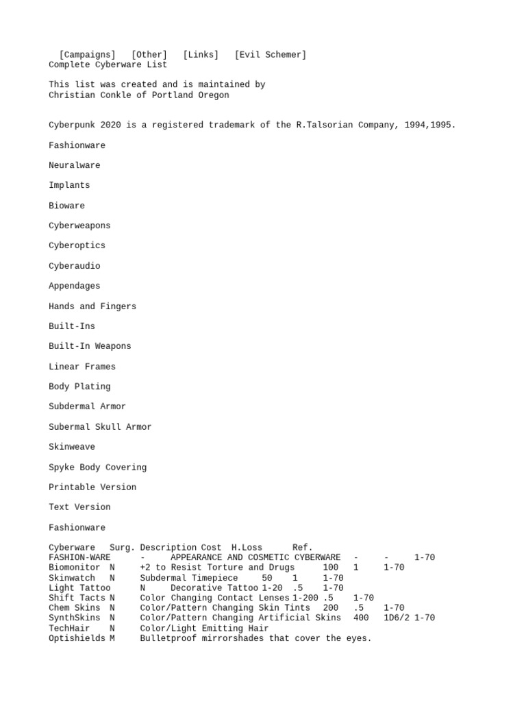 Complete Cyberware Overview | PDF | Radio | Hand