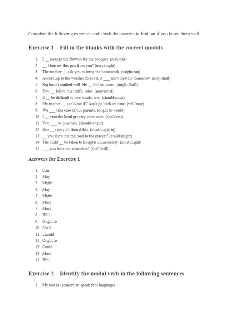 Modal Verbs Exercises with Answers | PDF | Verb | Linguistics