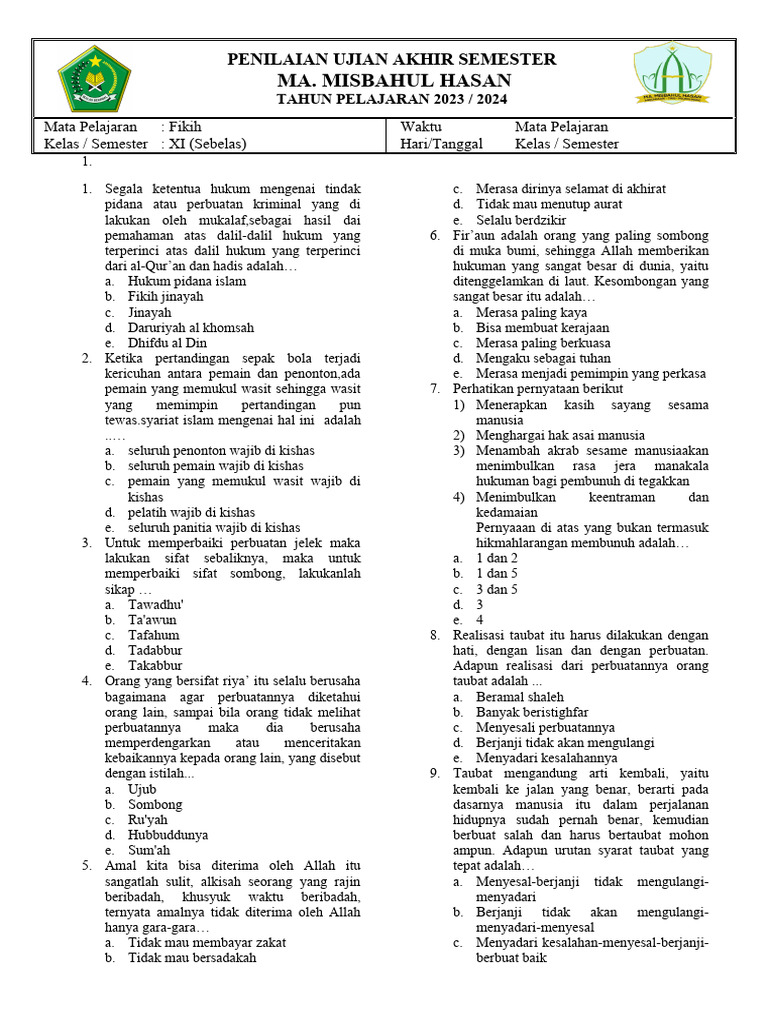 Pas Ganjil Fikih XI 2023-2024 | PDF