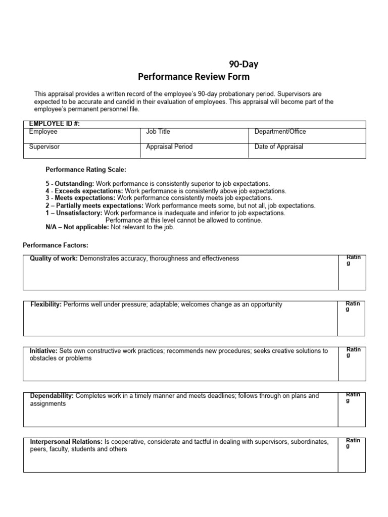 90-Day Performance Review Form | PDF | Performance Appraisal ...