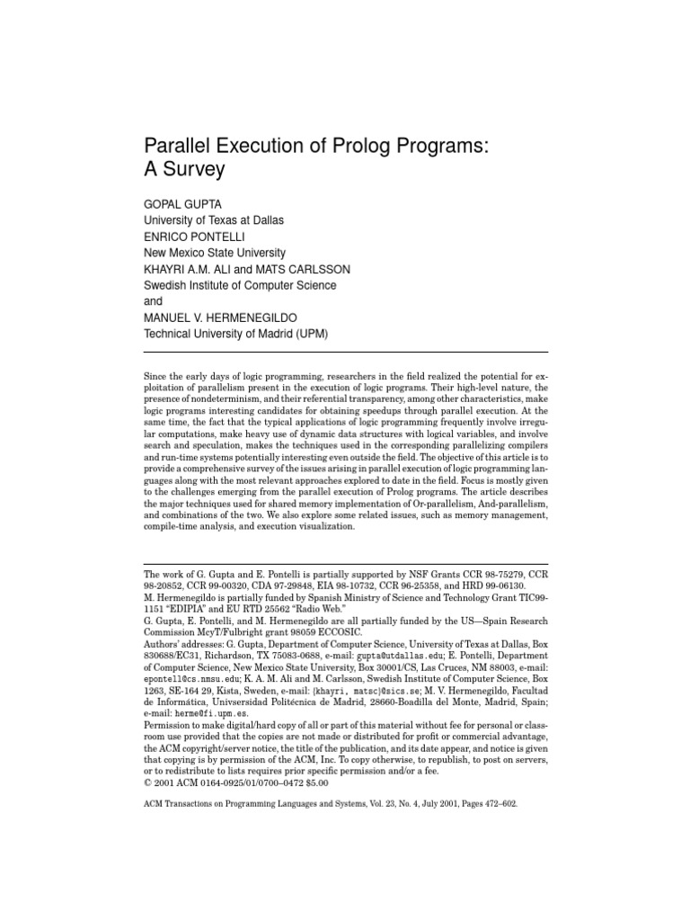 2001 - Parallel Execution of Prolog Programs A Survey | PDF | Parallel Computing | Computer Program