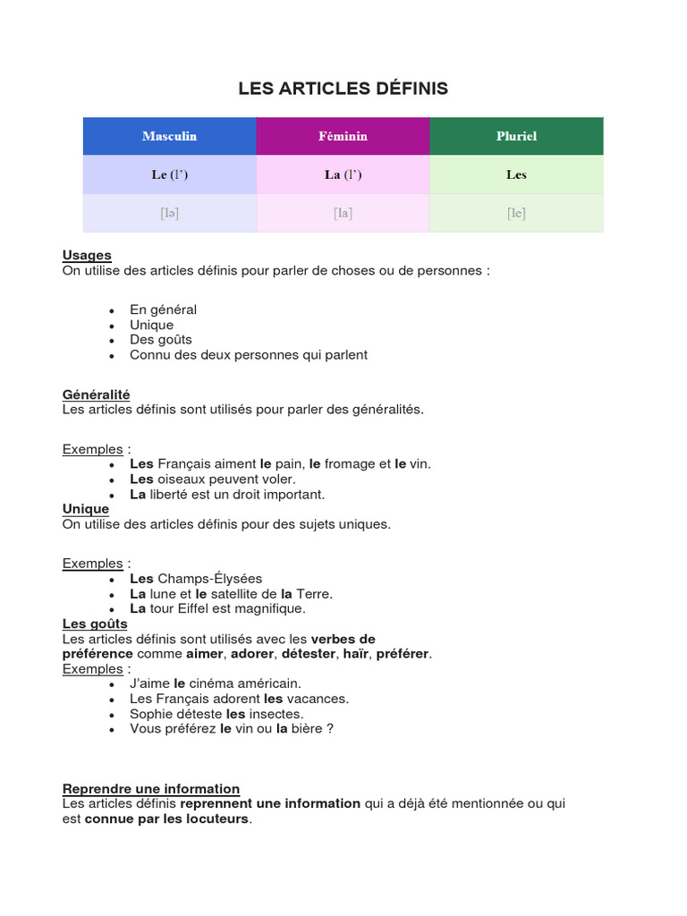 Articles Defini Et Non Defini | PDF | Linguistique