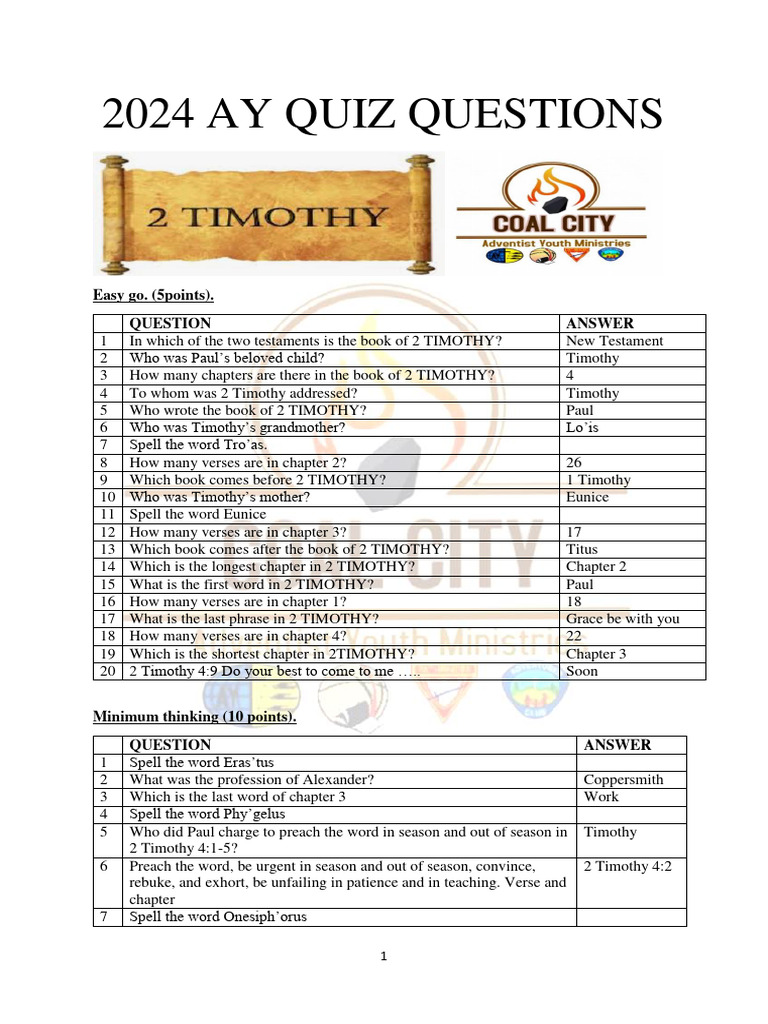2 Timothy Quiz Questions | PDF | Paul The Apostle | Saint Timothy