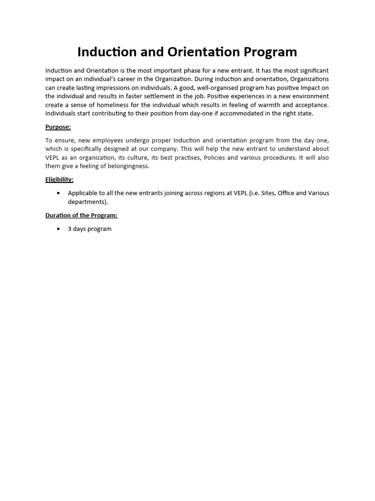 Program - Induction and Orientation. | PDF