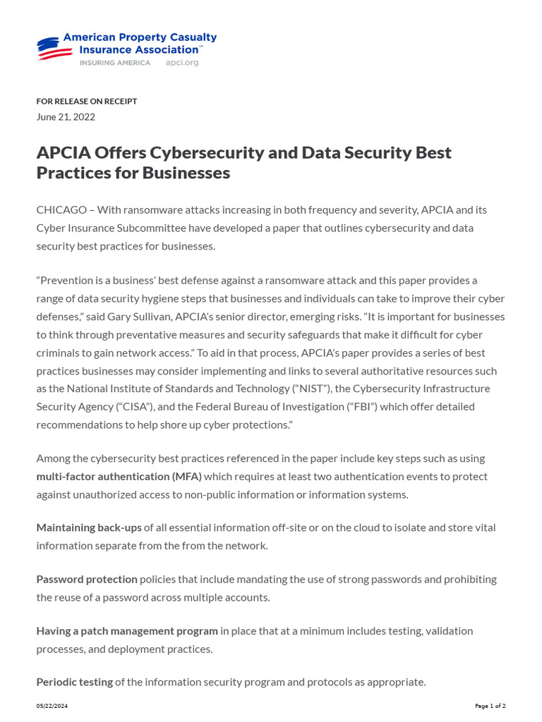 New Release - APCIA Offers Cybersecurity and Data Security Best ...