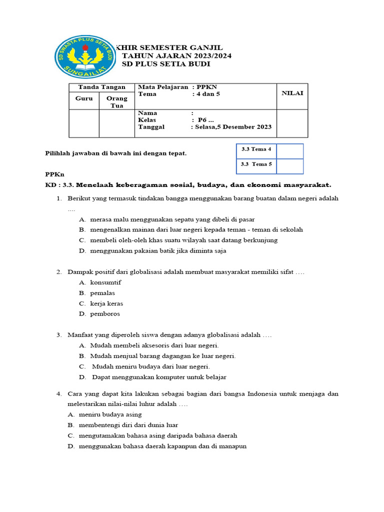 Soal Pas PPKN Tema 4-5 | PDF