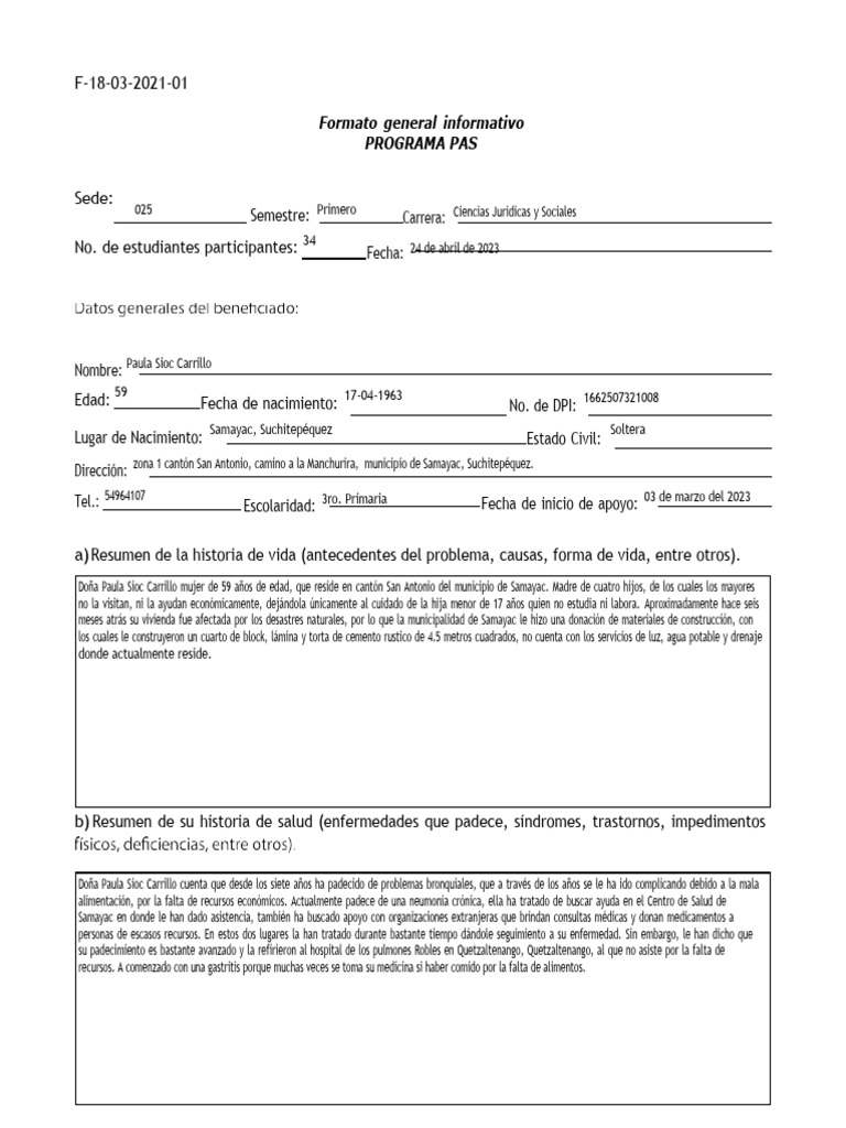 Formato General Informativo Programa PAS CJS Del Primer Semestre. | PDF | Alimentos