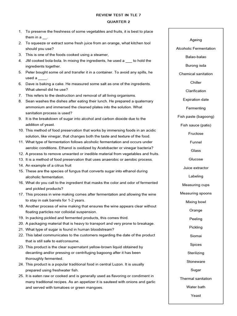 Review Test in TLE 7 - Q2 | PDF | Pickling | Fermentation