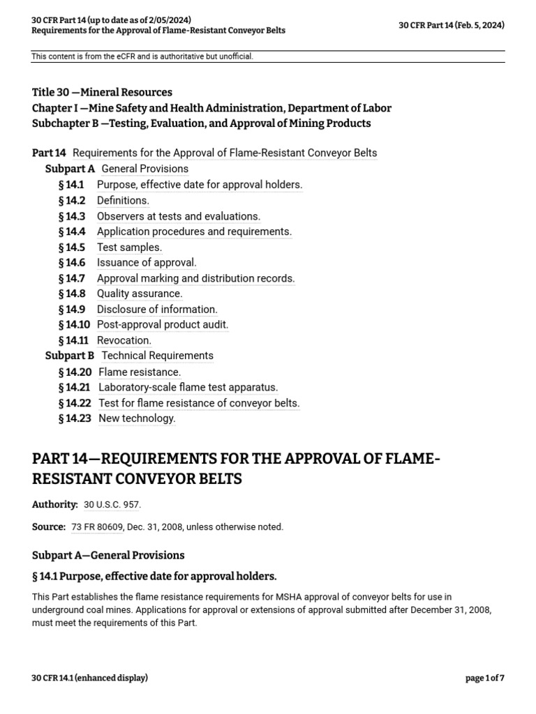 MSHA Title 30 CFR Part 14 Approval of Flame Resistant Conveyor Belt ...