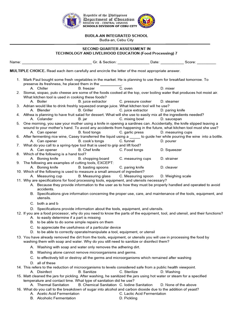 Second Quarter Assessment: Food Processing | PDF | Fermentation | Pickling