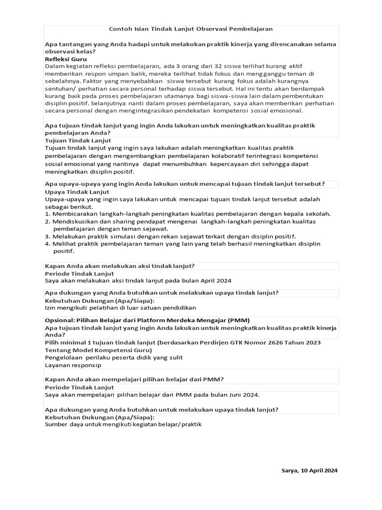 Tujuan Tindak Lanjut Peningkatan Kualitas Pembelajaran | PDF