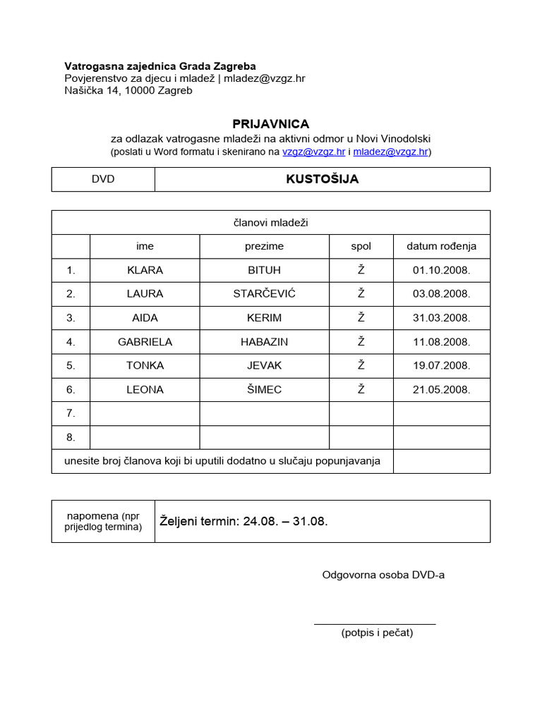 Prijavnica Kamp Novi Vinodolski 2024 Mladež | PDF