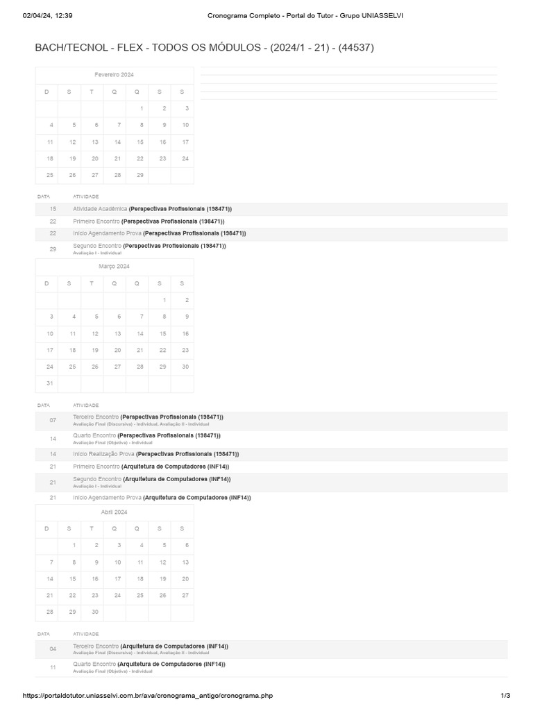 Cronograma Completo - Portal Do Tutor - Grupo UNIASSELVI | PDF