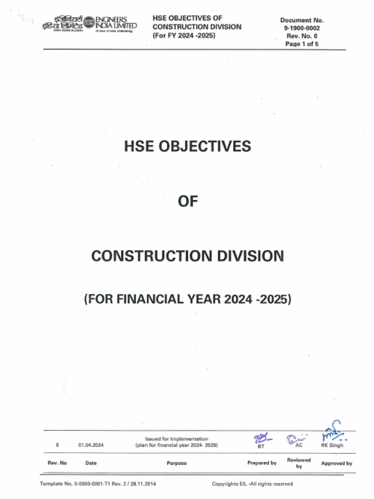 HSE OBJECTIVES OF CONSTRCTION DIVISION | PDF