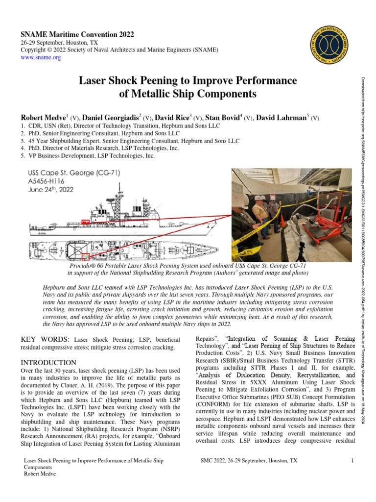 Laser Shock Peening To Improve Performance of Metallic Ship Components ...