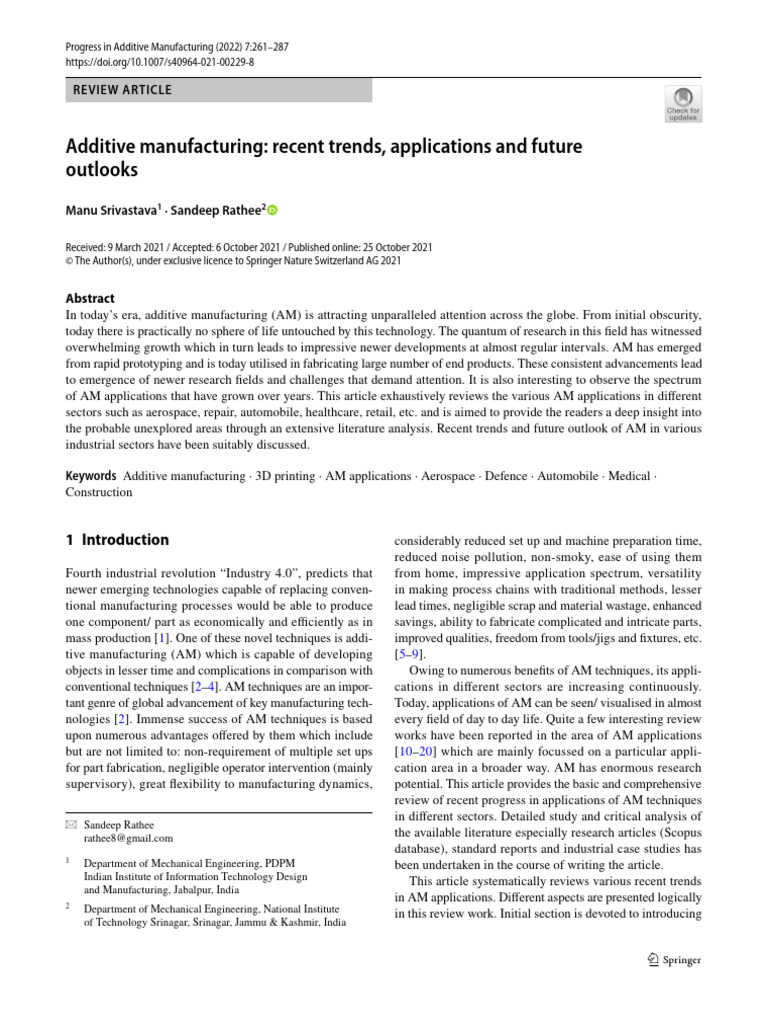 Additive Manufacturing Recent Trends, Applications and Future ...