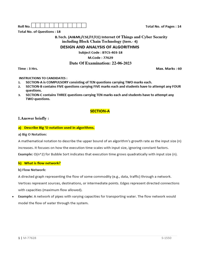 Design and Analysis of Algorithms Exam | PDF | Time Complexity | Dynamic Programming