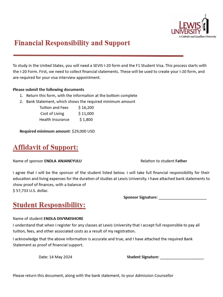 Financial Support for F1 Visa Process | PDF | Finance & Money Management