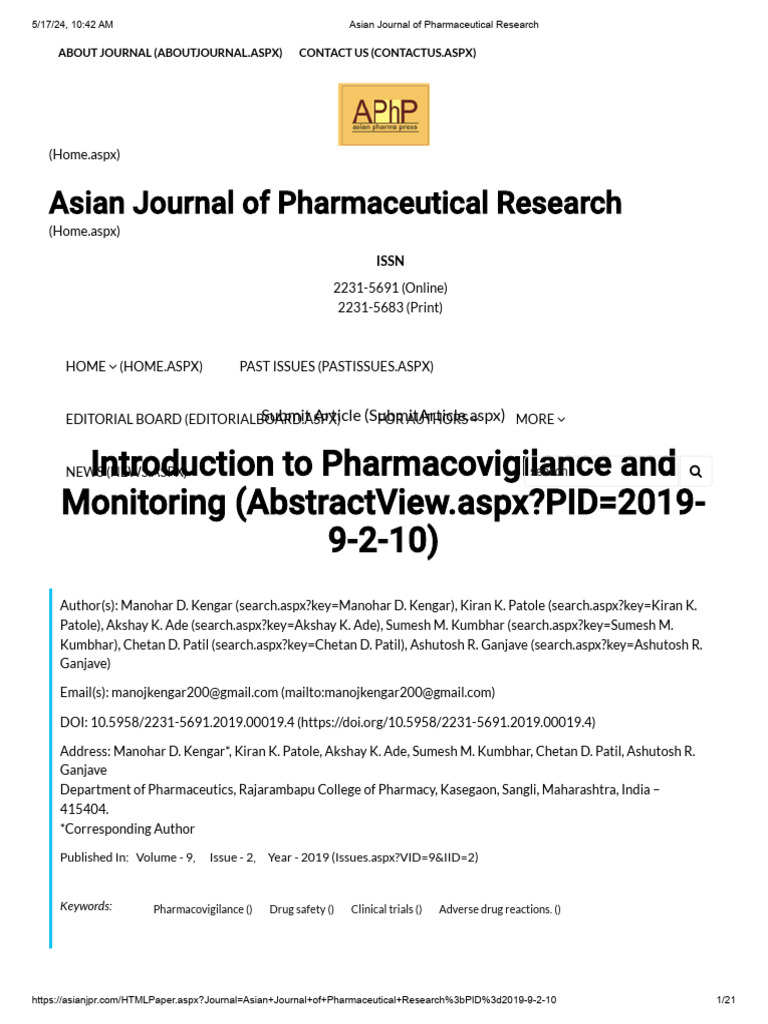 Asian Journal of Pharmaceutical Research | PDF | Pharmacovigilance | Cohort Study