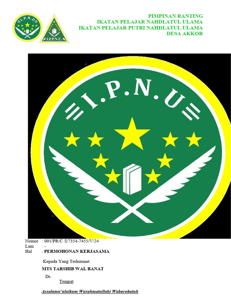 Surat Permohonan Kerja Sama PR Ipnu Ippnu Akkor | PDF